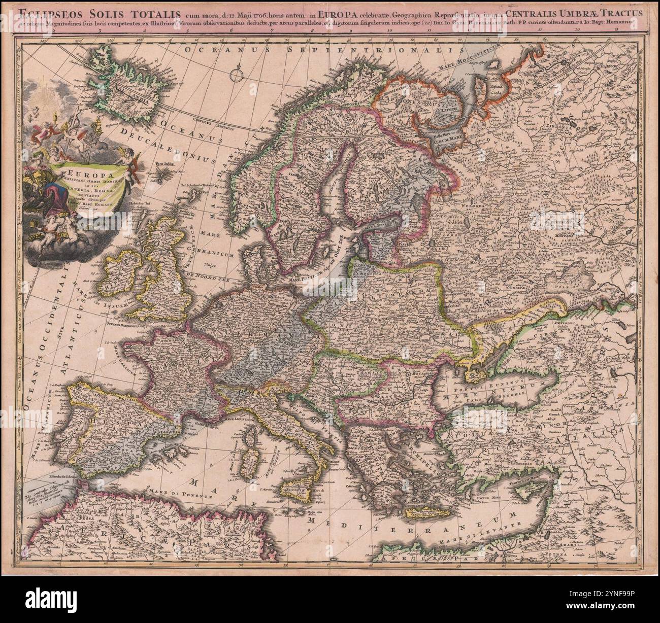 Ca. 1706 map of Europe during the Solar eclipse of May 12, 1706 Stock ...