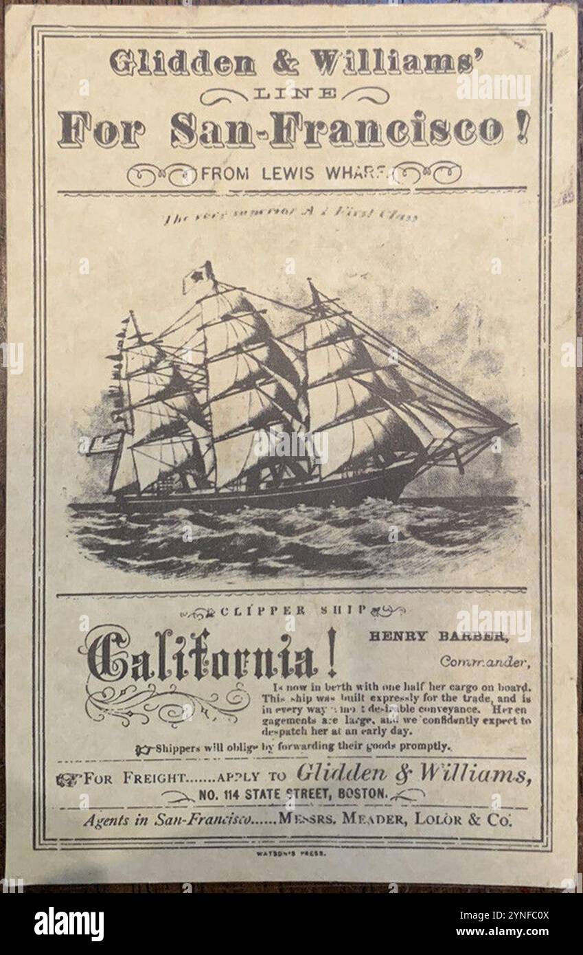 CALIFORNIA Clipper ship sailing card - Henry Barber, commander Stock Photo - Alamy