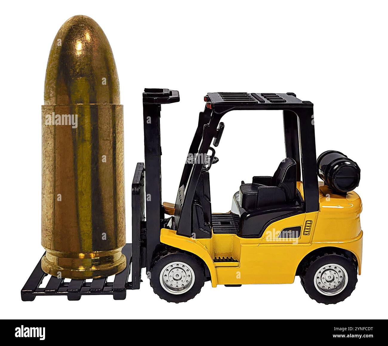 A yellow forklift for moving large objects like a large missile Stock ...