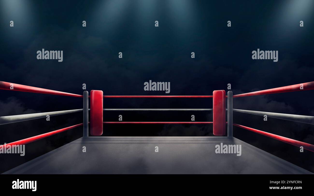 Boxing ring with ropes and posts under spotlights. Banner design Stock ...