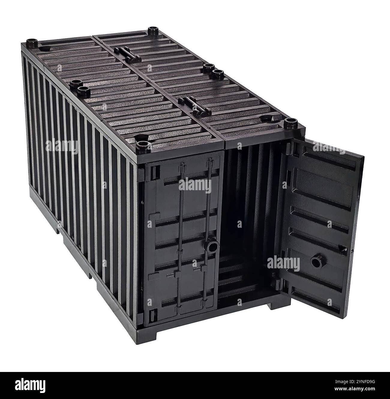 A black shipping container for transporting objects with one door open ...
