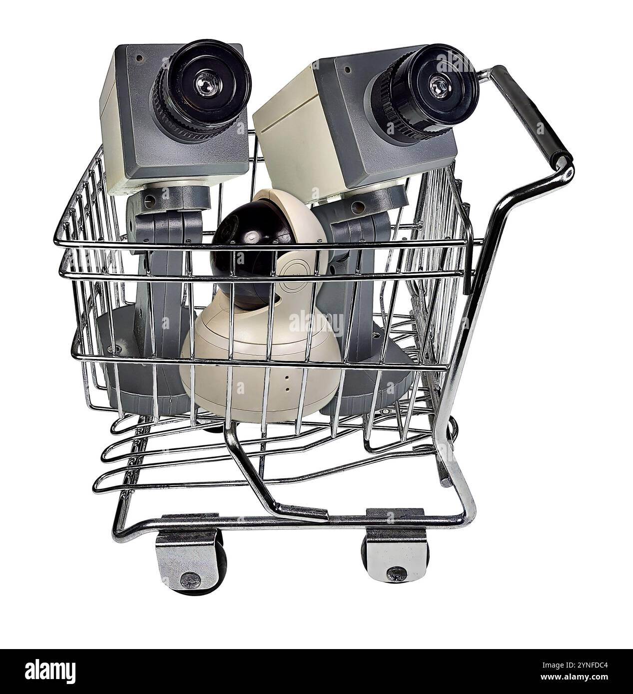 A Shopping Cart full of security cameras for keeping track of what is ...