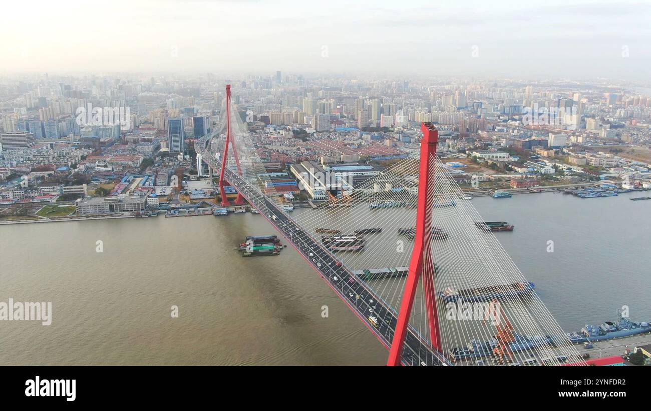 Aerial view of the bund and buildings and yangpu bridge in Shanghai ...