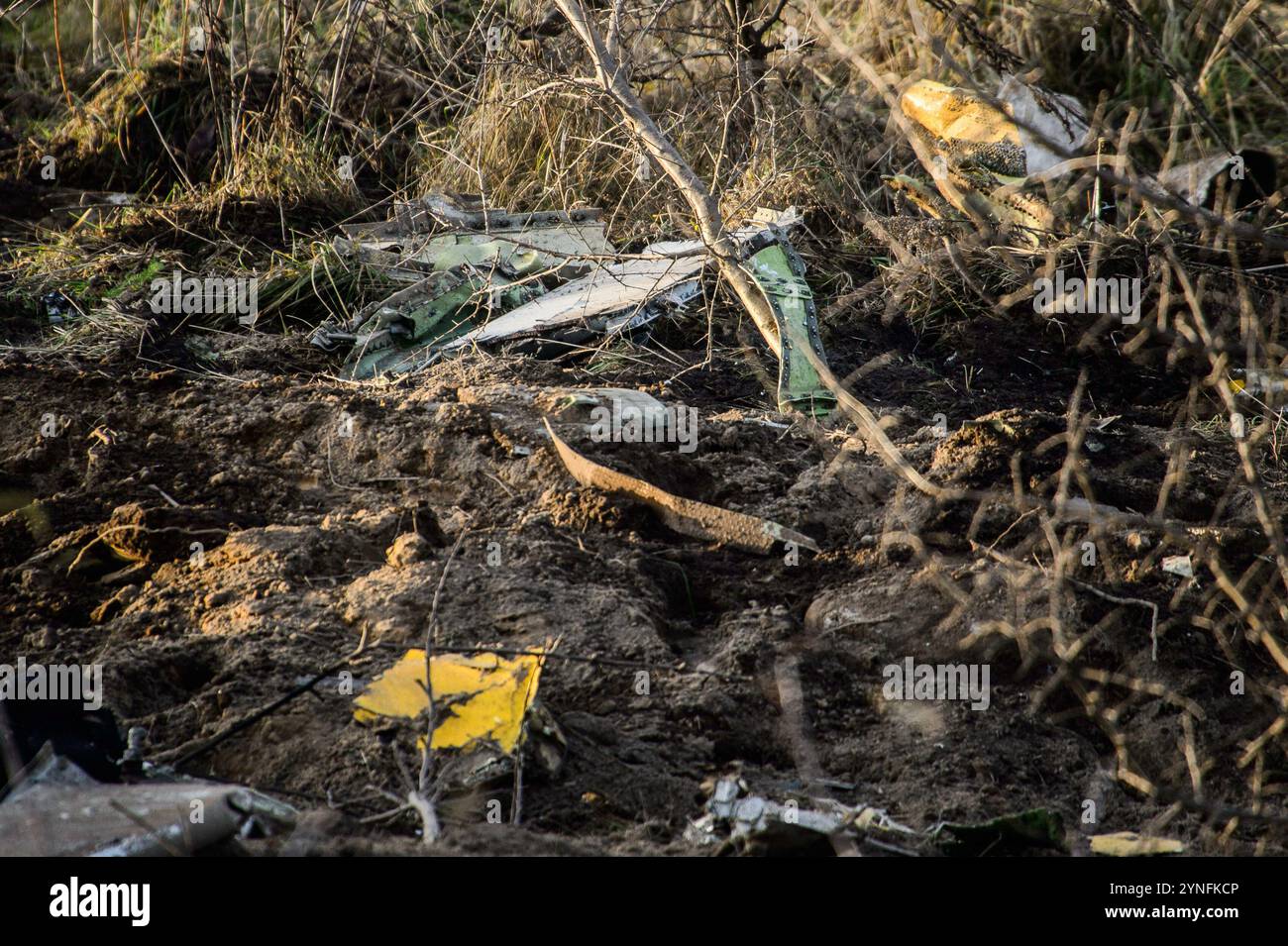 Debris from the Swiftair cargo plane lies scattered at the crash site ...