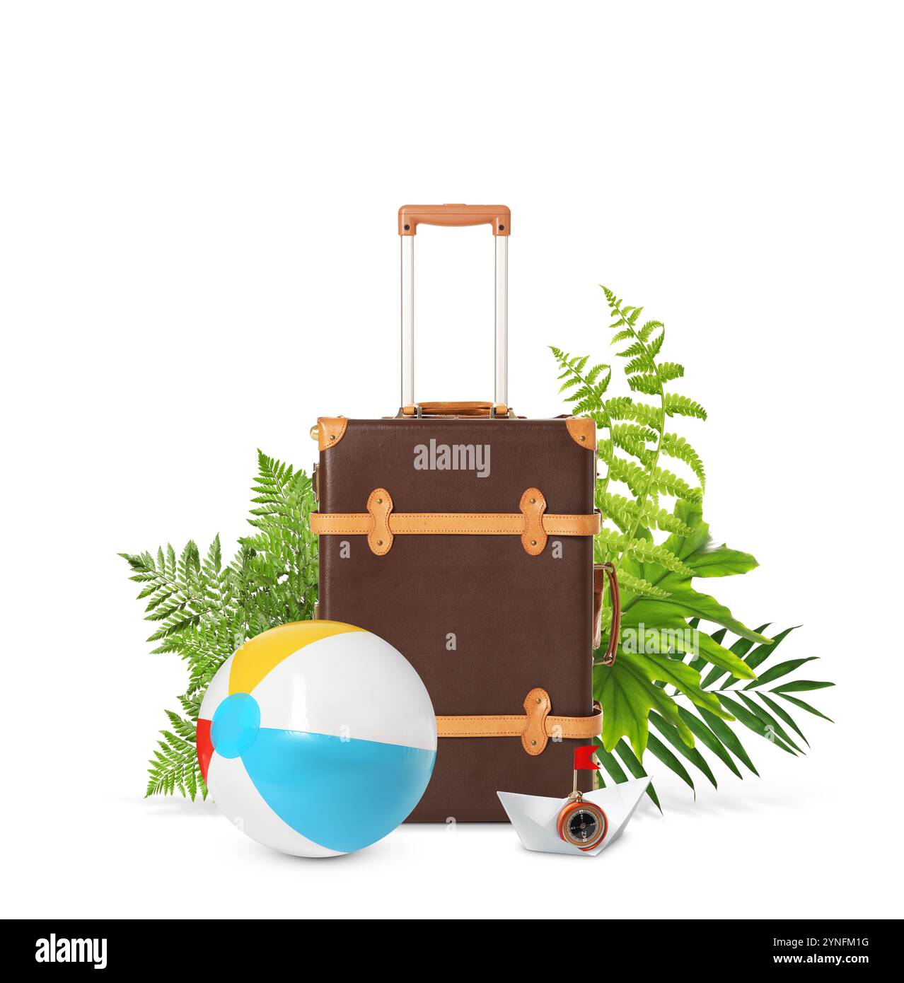 Brown travel suitcase, tropical leaves, beach ball and paper boat with ...
