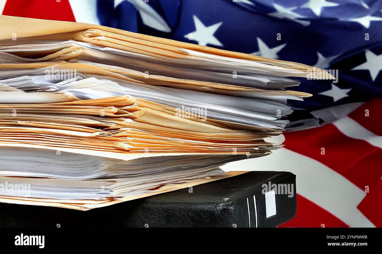A large stack of documents with a binder and an American Flag Stock ...