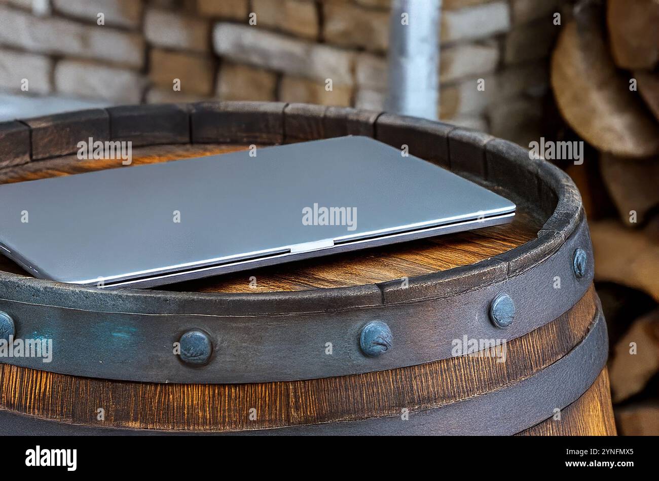 Wooden barrel for storing various spirits with laptop for work Stock ...