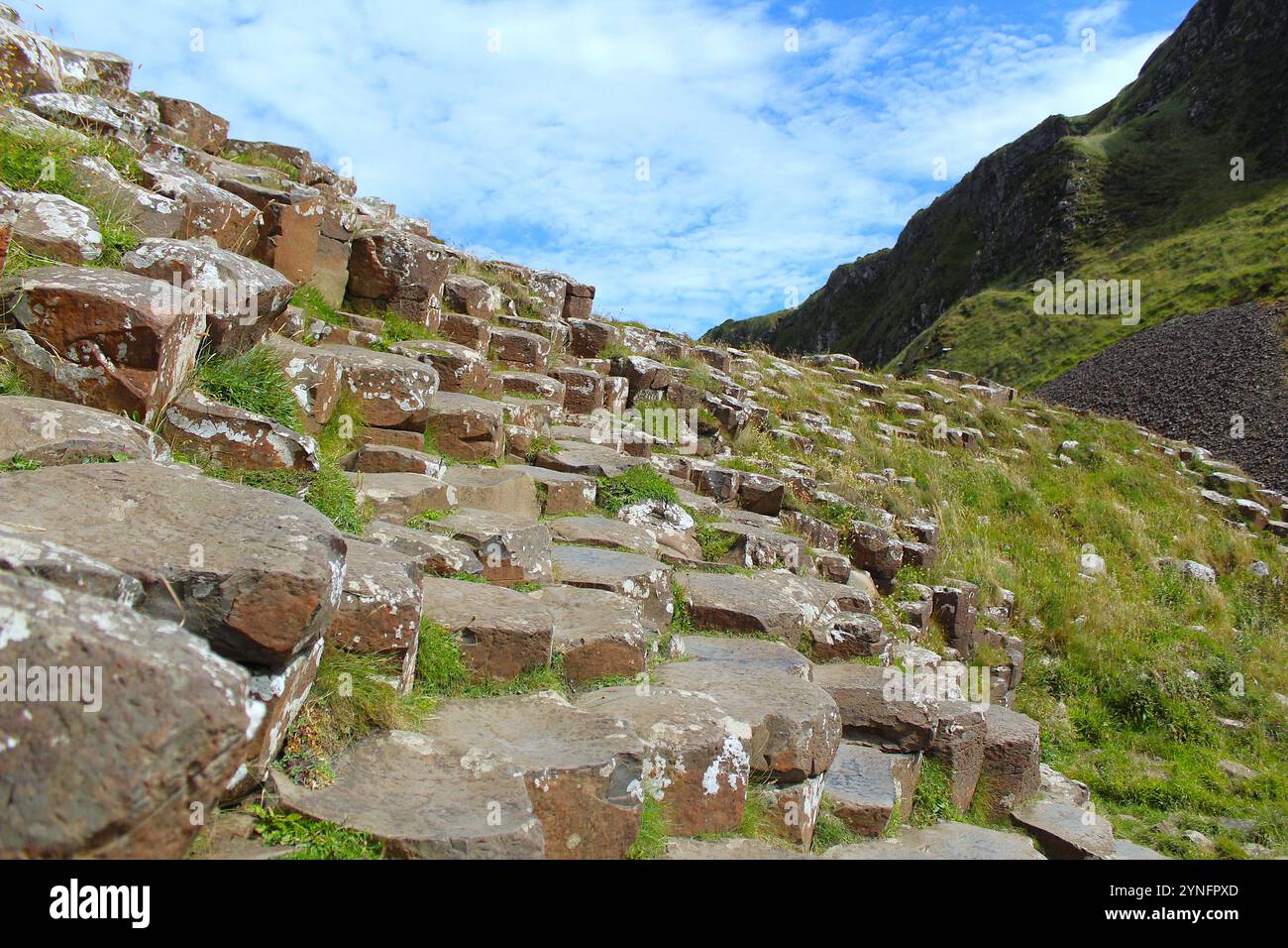 Hexagonal basalt columns stretch across a rugged landscape, blending ...