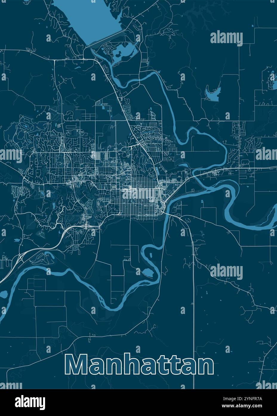 A detailed map of Manhattan, Kansas, rendered in a minimalist style ...