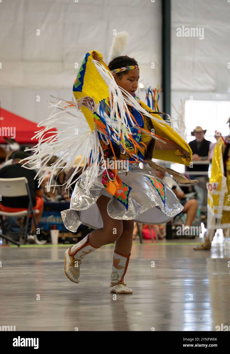 Pre teen girl fancy shawl dancer with a bright yellow ribbon shawl with ...