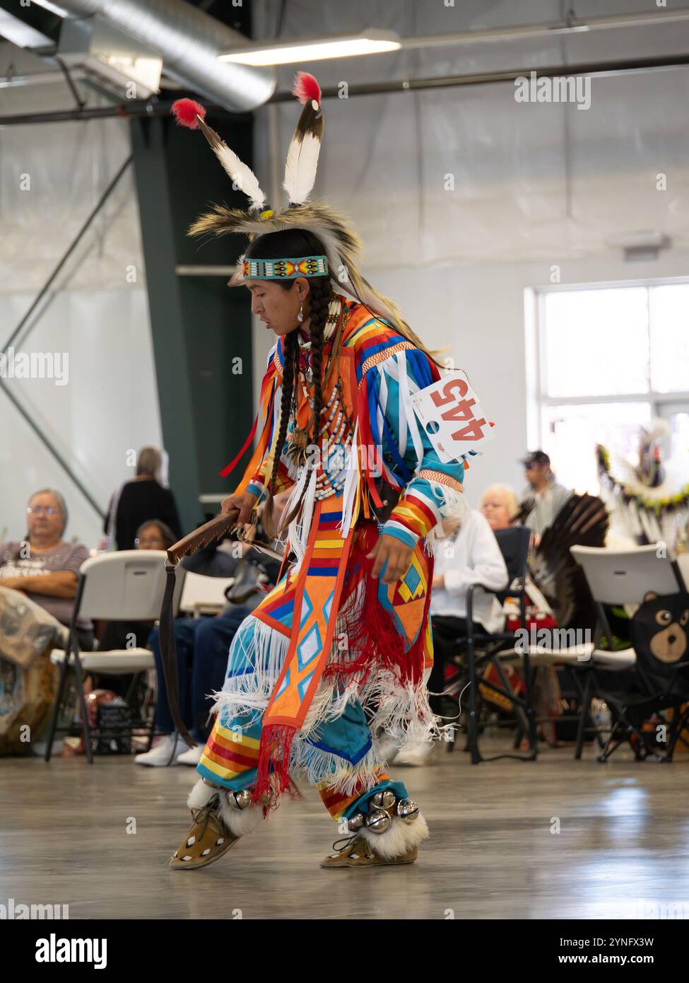 Young adult Native American male grass dancer dancing at a the Last Chance Pow Wow in Helena ...