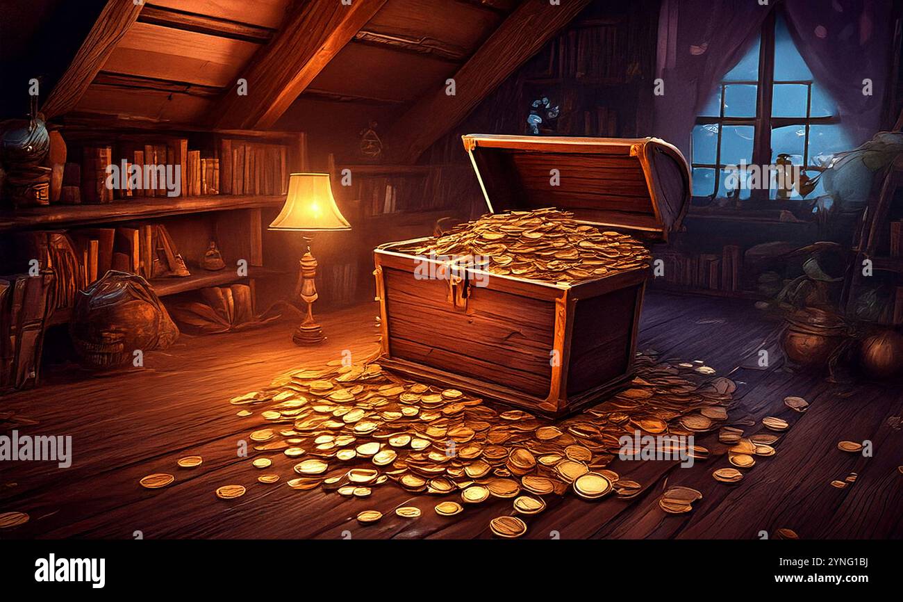 Gold bars and coins in a treasure chest in the attic Stock Photo - Alamy