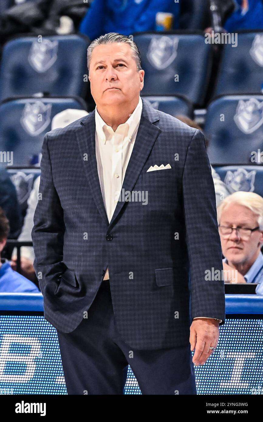 NOVEMBER 25, 2024: Quinnipiac Bobcats head coach Tom Pecora looks on at the action on the court ...
