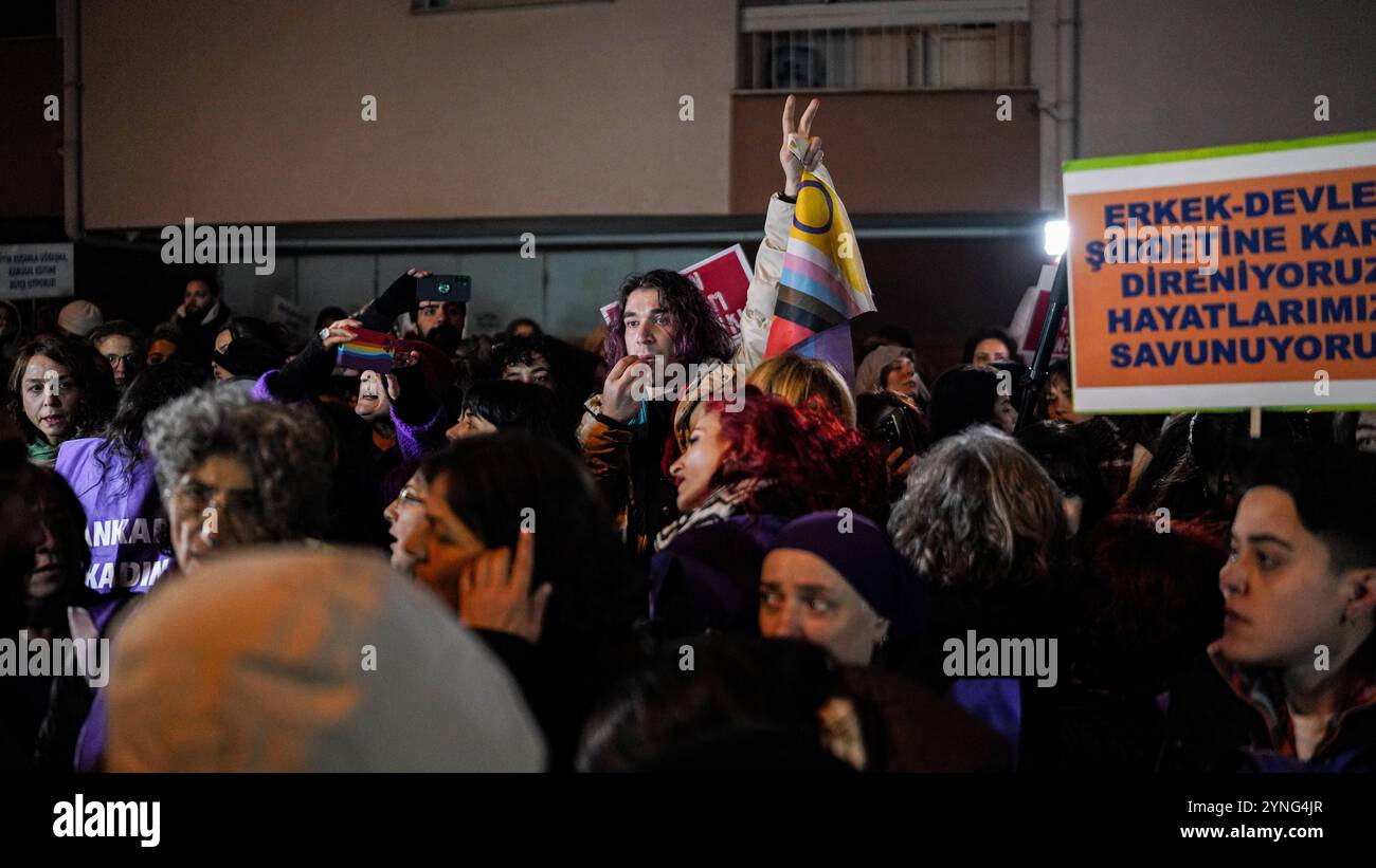 Ankara, Turkey. 25th Nov, 2024. A trans woman makes a victory sign ...