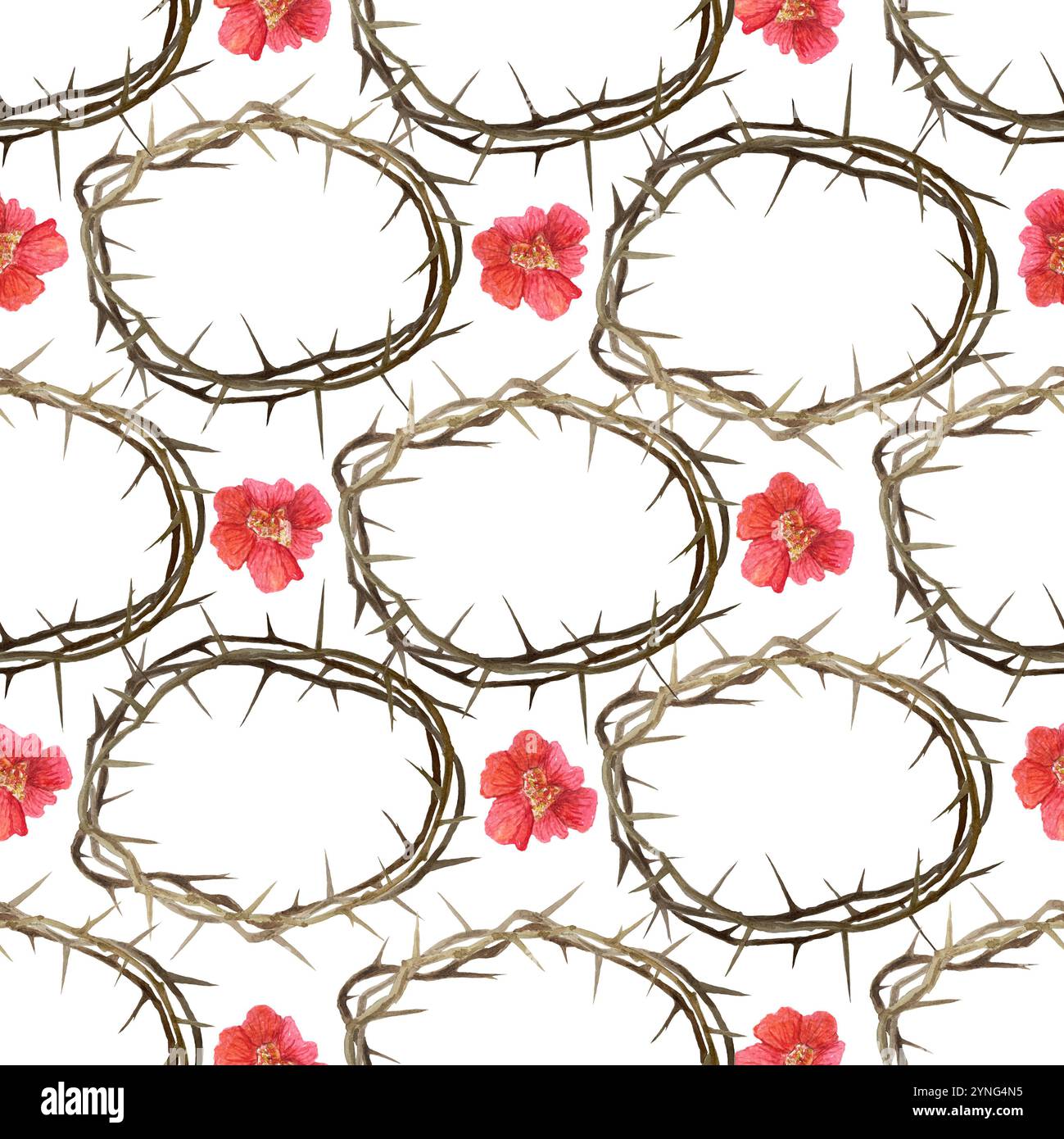 Crown of thorns with pomegranate flowers watercolor seamless pattern ...