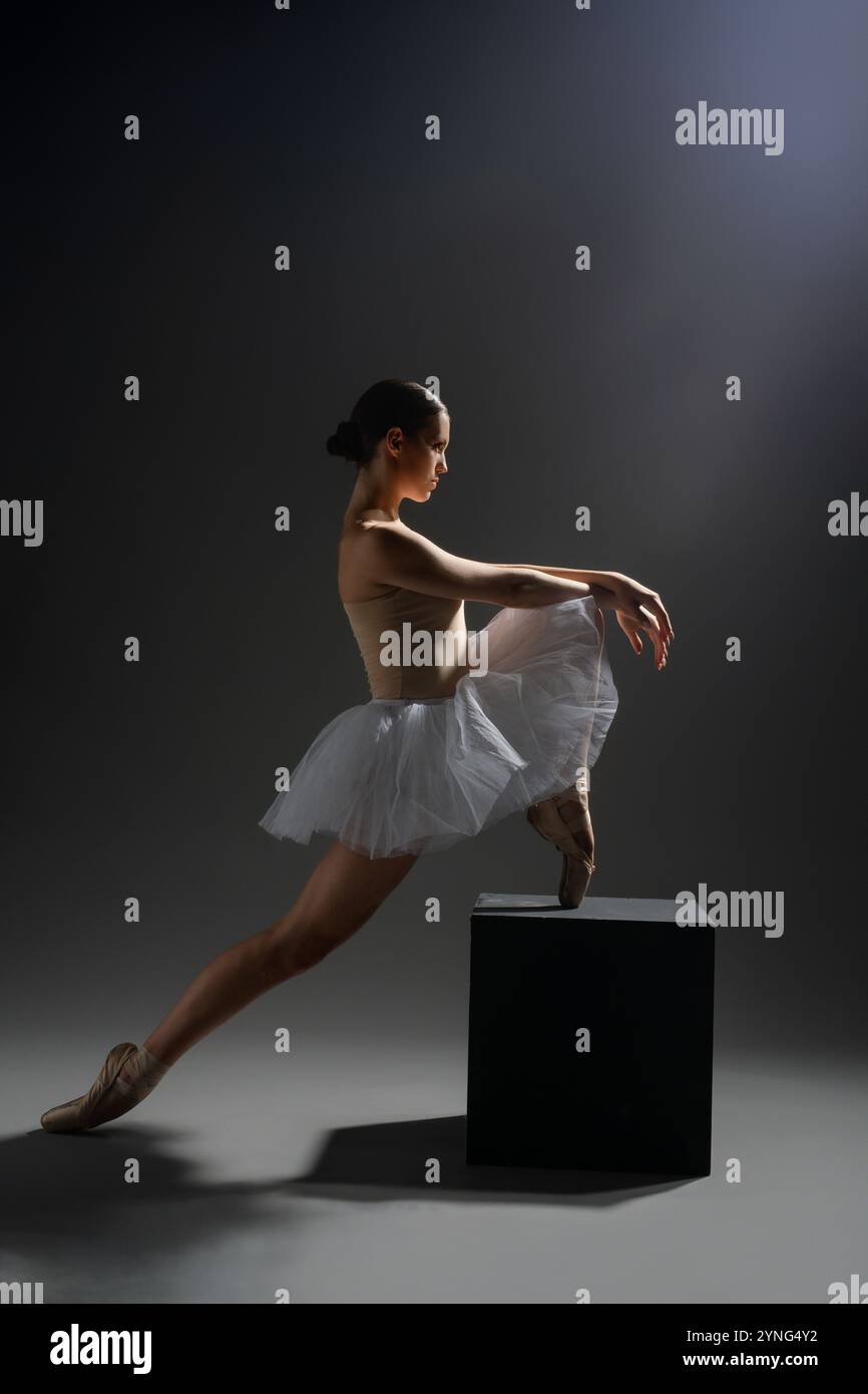 Ballerina performing an elegant pose on a stage with dramatic lighting ...