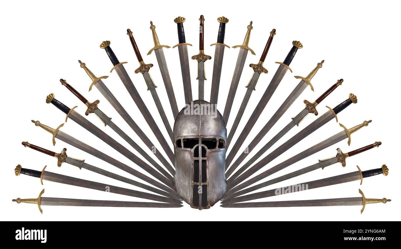 A silver metal helm used by Knights for protection surrounded by an ...