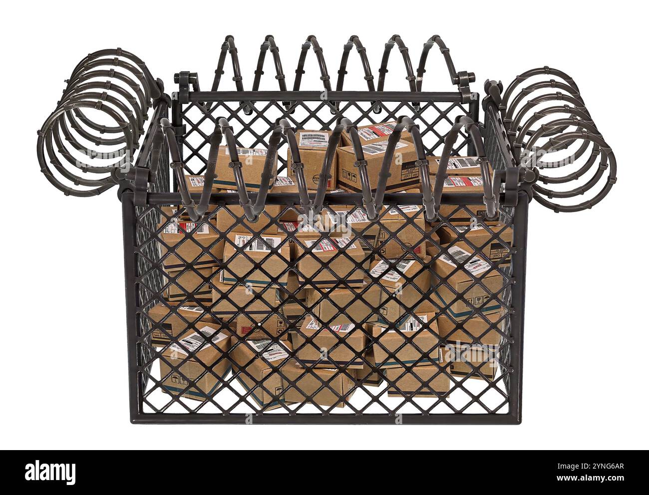 Prison yard surrounded by barbed wire full of shipping boxes Stock ...