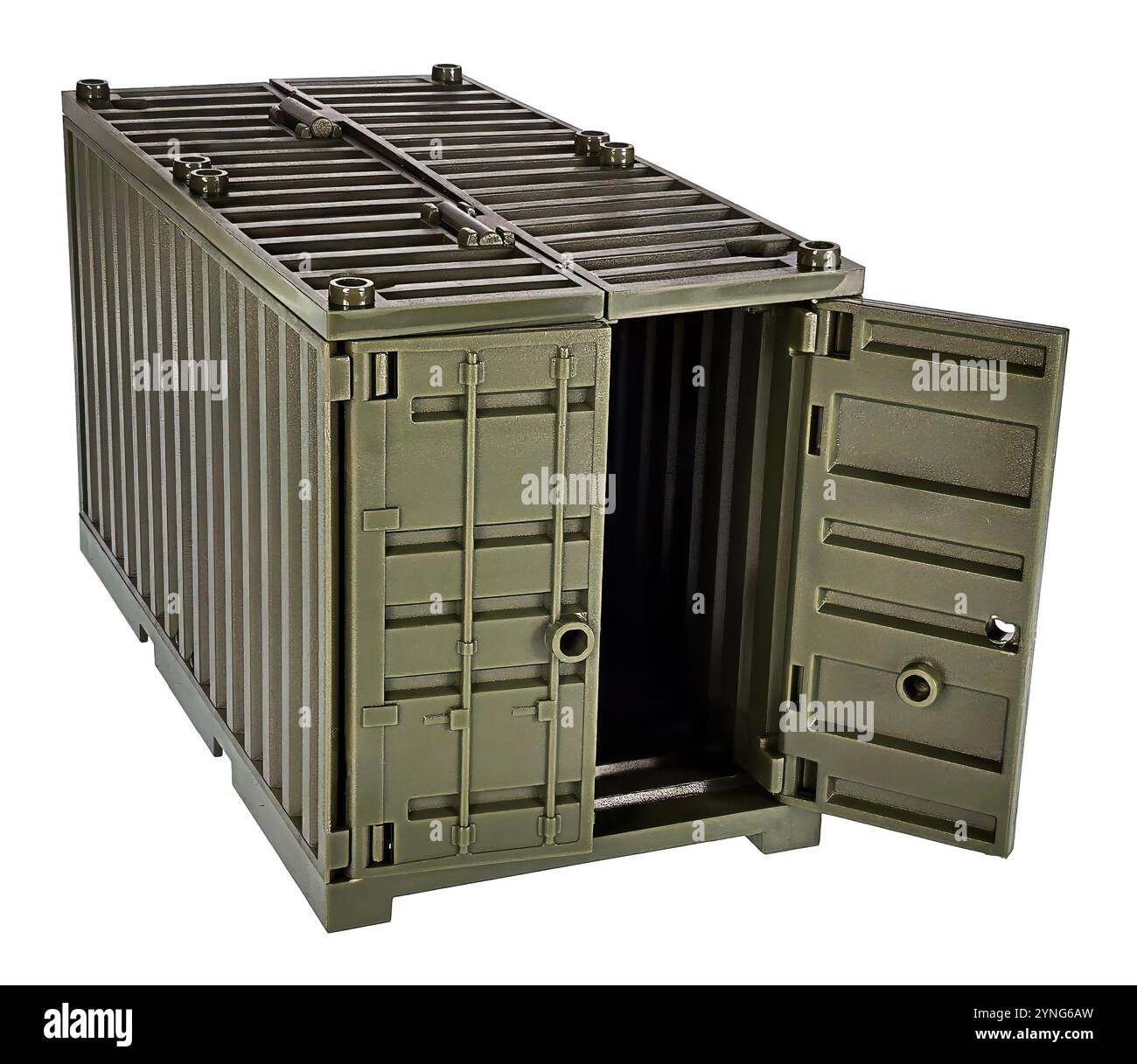 A green shipping container for transporting objects with one door open ...