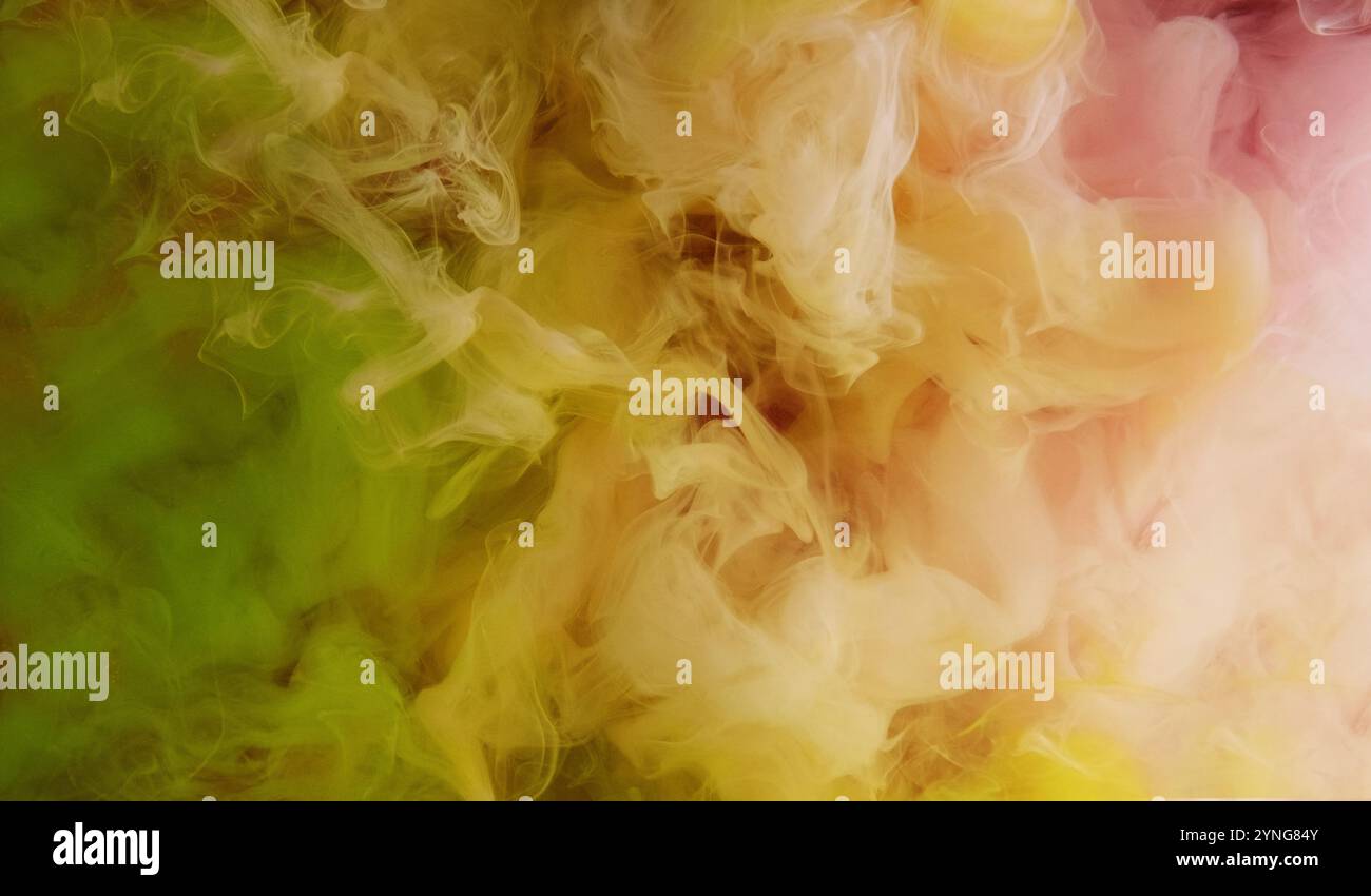 Paint water mix. Smoke cloud. Yellow green pink color gradient splash ...