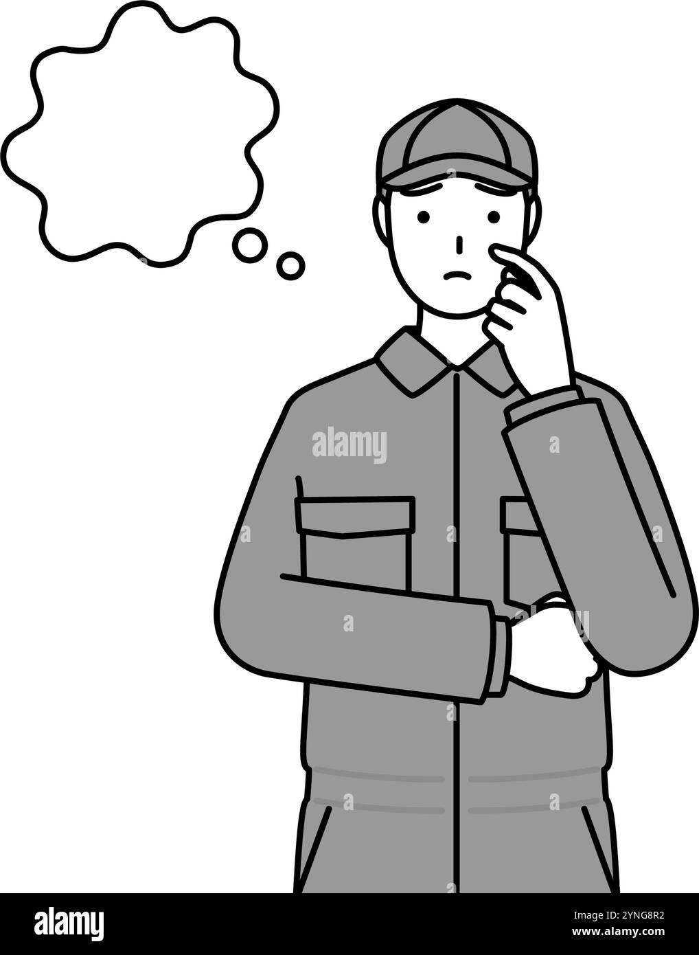 A mechanic in coveralls thinking while scratching his face, Vector ...