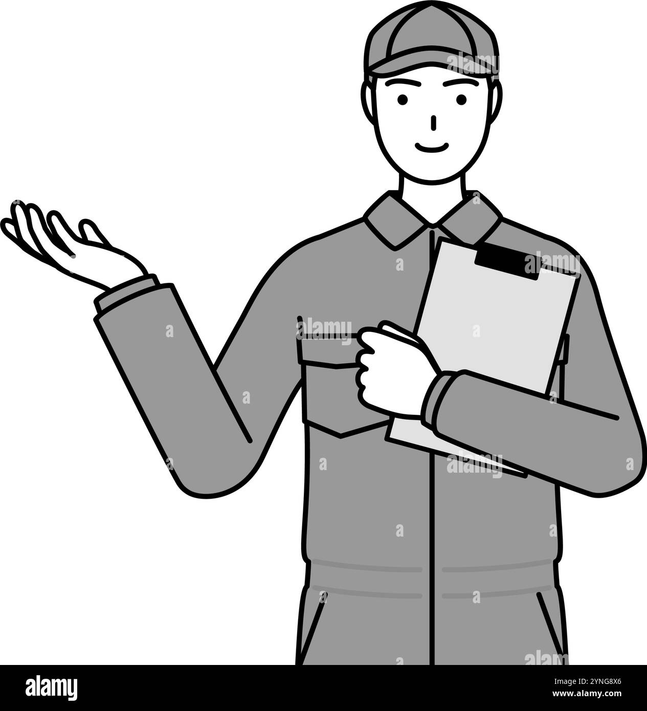 A mechanic in coveralls holding a clipboard and extending his hand ...