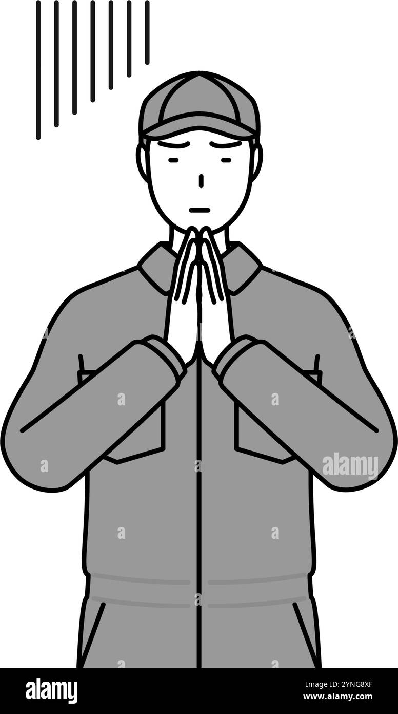 A mechanic in coveralls apologizing with his hands in front of his body ...