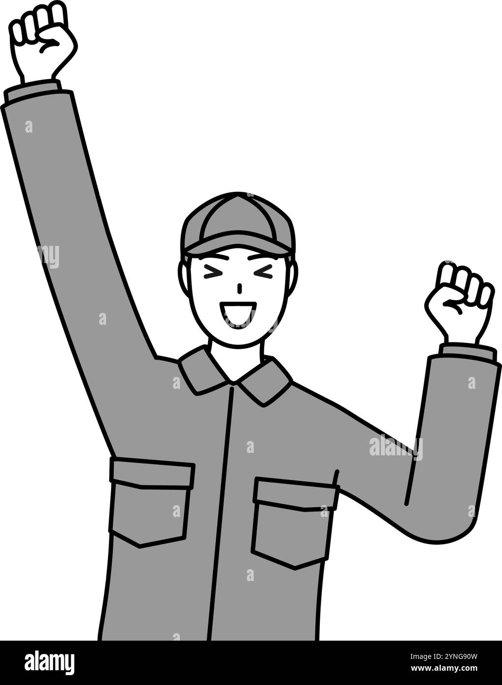 A mechanic in coveralls jumping with light-hearted delight, Vector ...