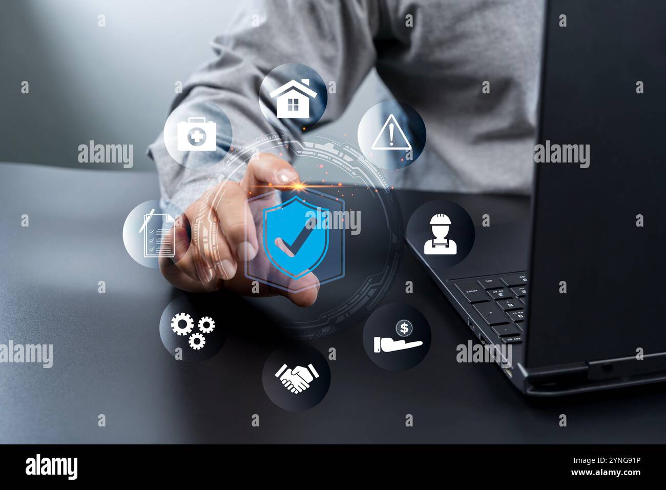 Work Safety and Compliance Concept. Businessman holding magnifying ...