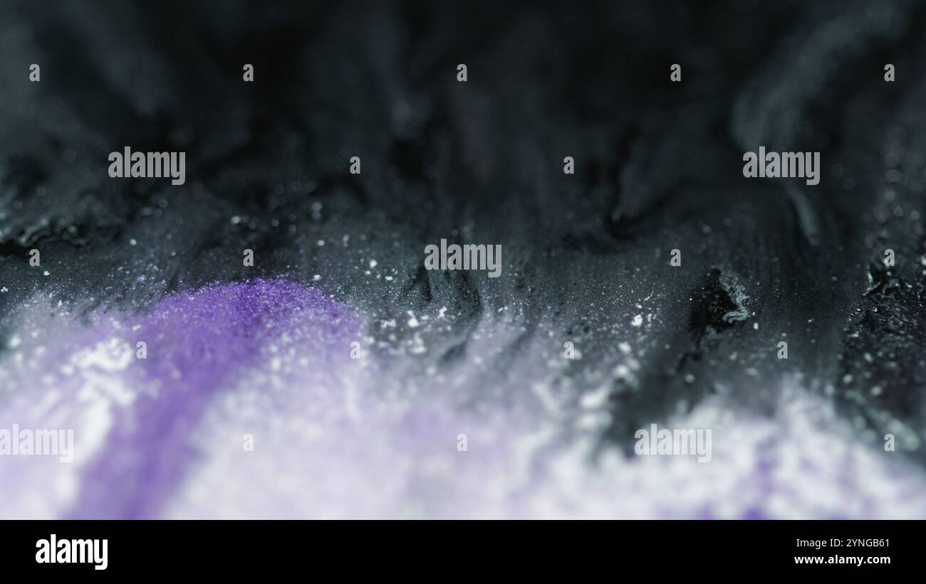 Sparkling flow structure. Shimmering paint wave. Blur white blue color bright purple particles ...