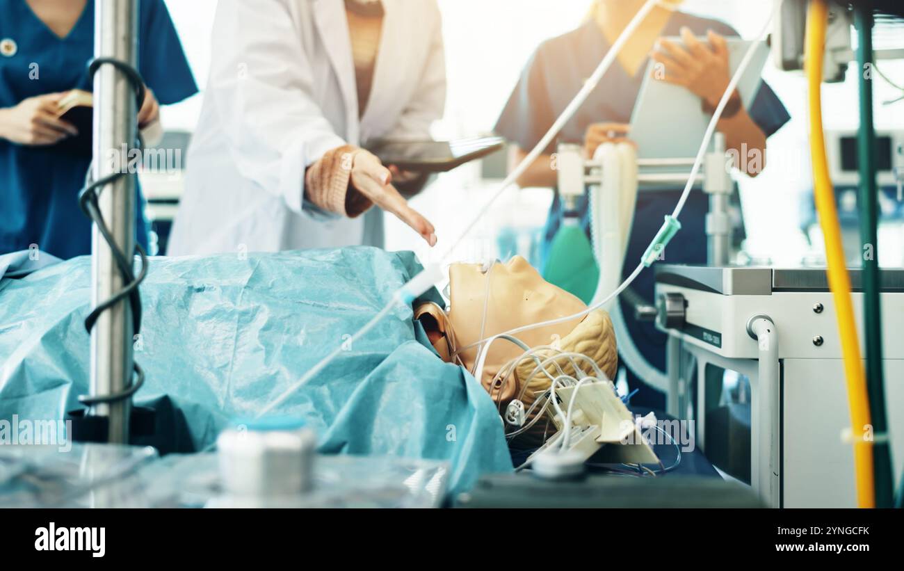 Hospital, training and mannequin with healthcare mentor and nursing ...