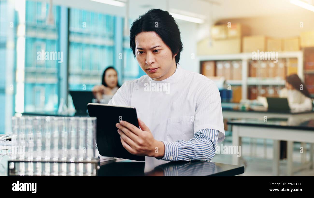 Science, man and tablet with solution in laboratory for research notes ...