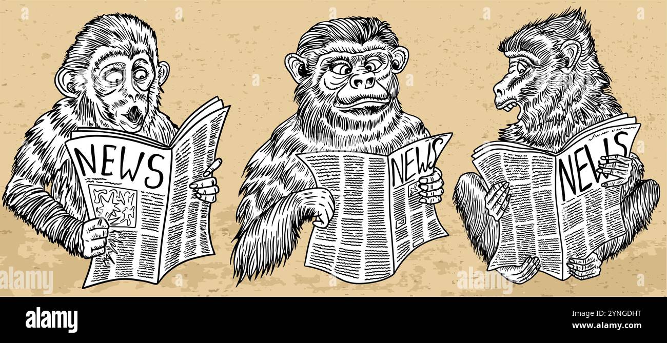 Design set with vector illustrations of cartoon funny monkeys surprised ...