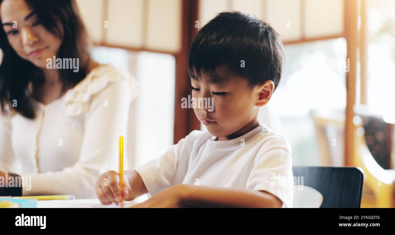 Mother, child and drawing for education house with art lesson, learning ...