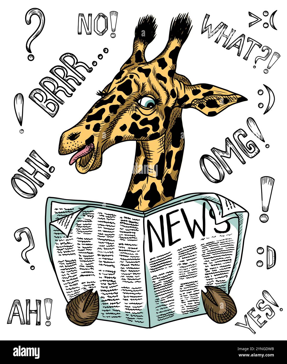 Hand drawn vector cartoon illustration of funny giraffe surprised to ...