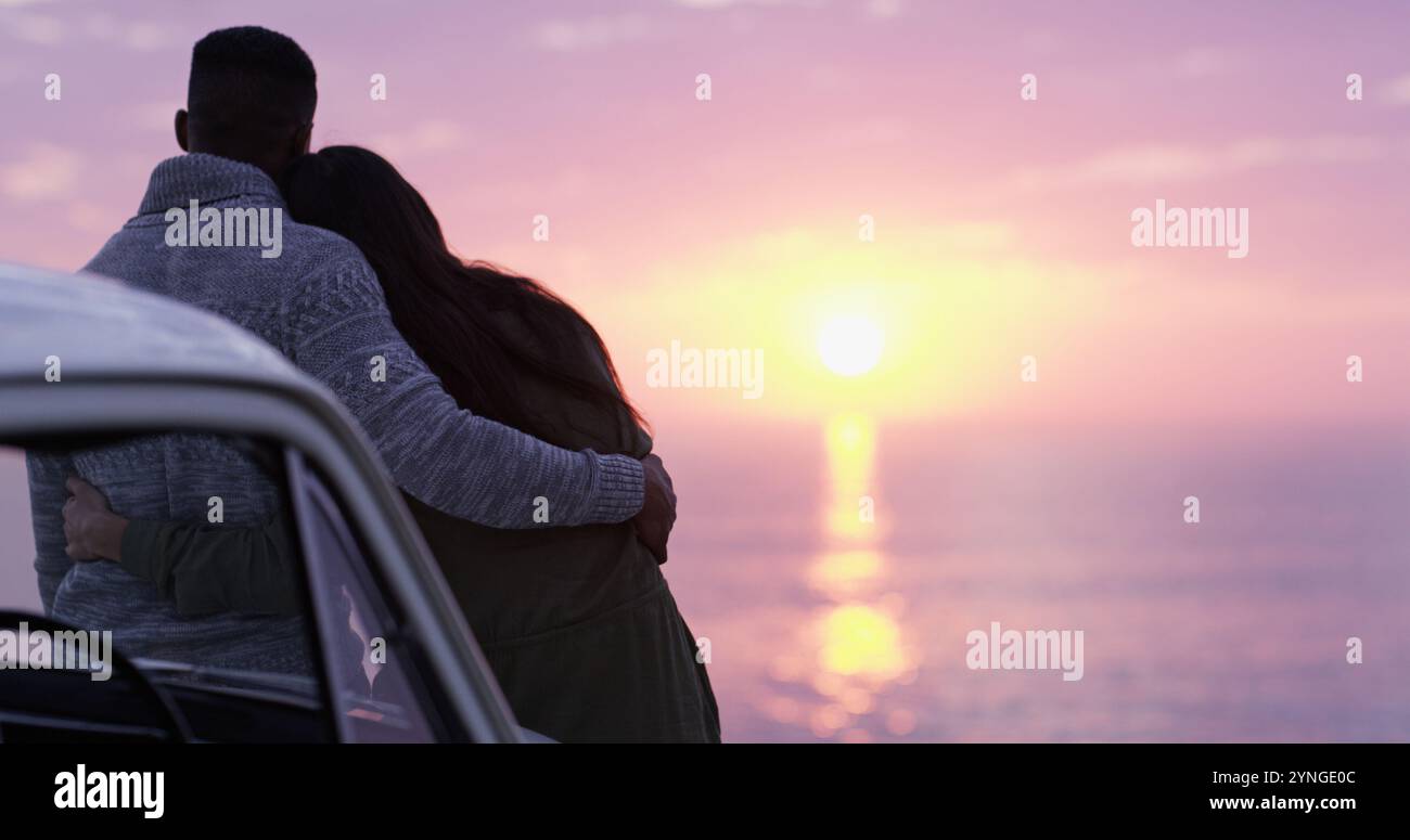 Hug, sunset and couple on road trip, vacation and romance for ...