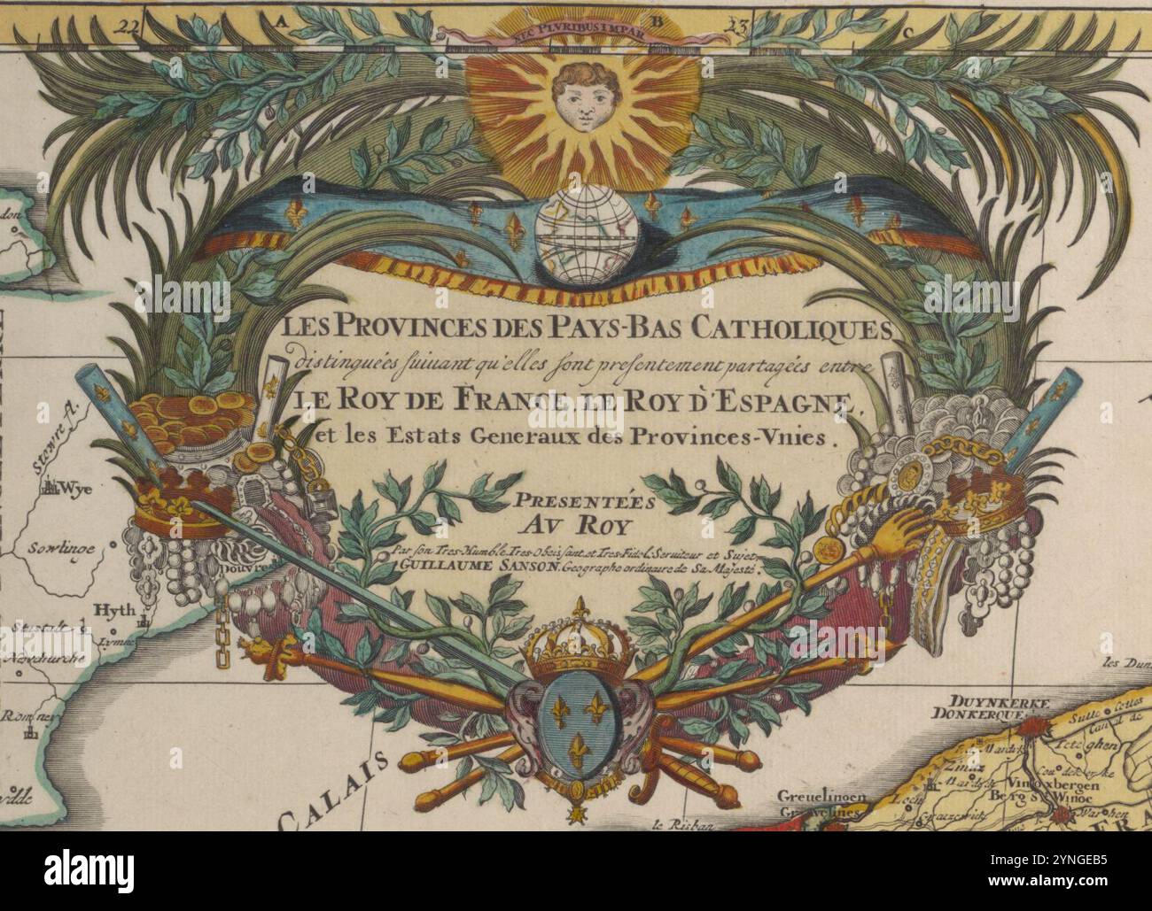 Cartouche in a Low Countries map by Guillaume Sanson Stock Photo - Alamy