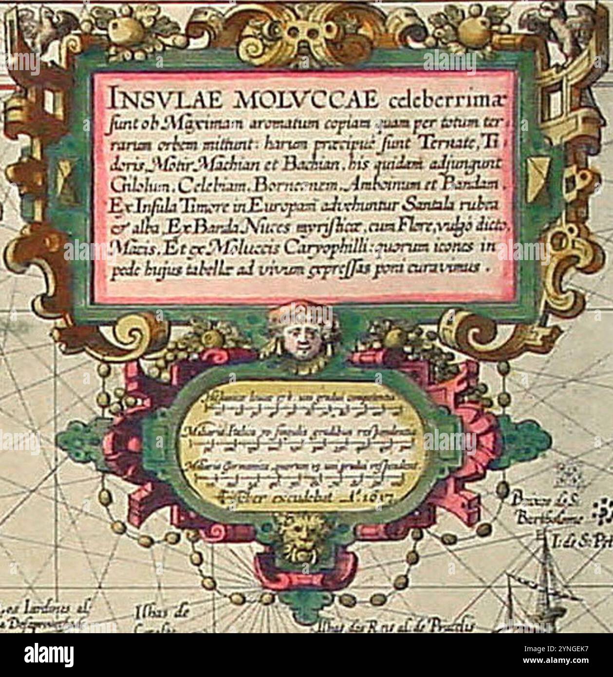 Cartouche on the 1592 Moluccae map by Plancius Stock Photo - Alamy