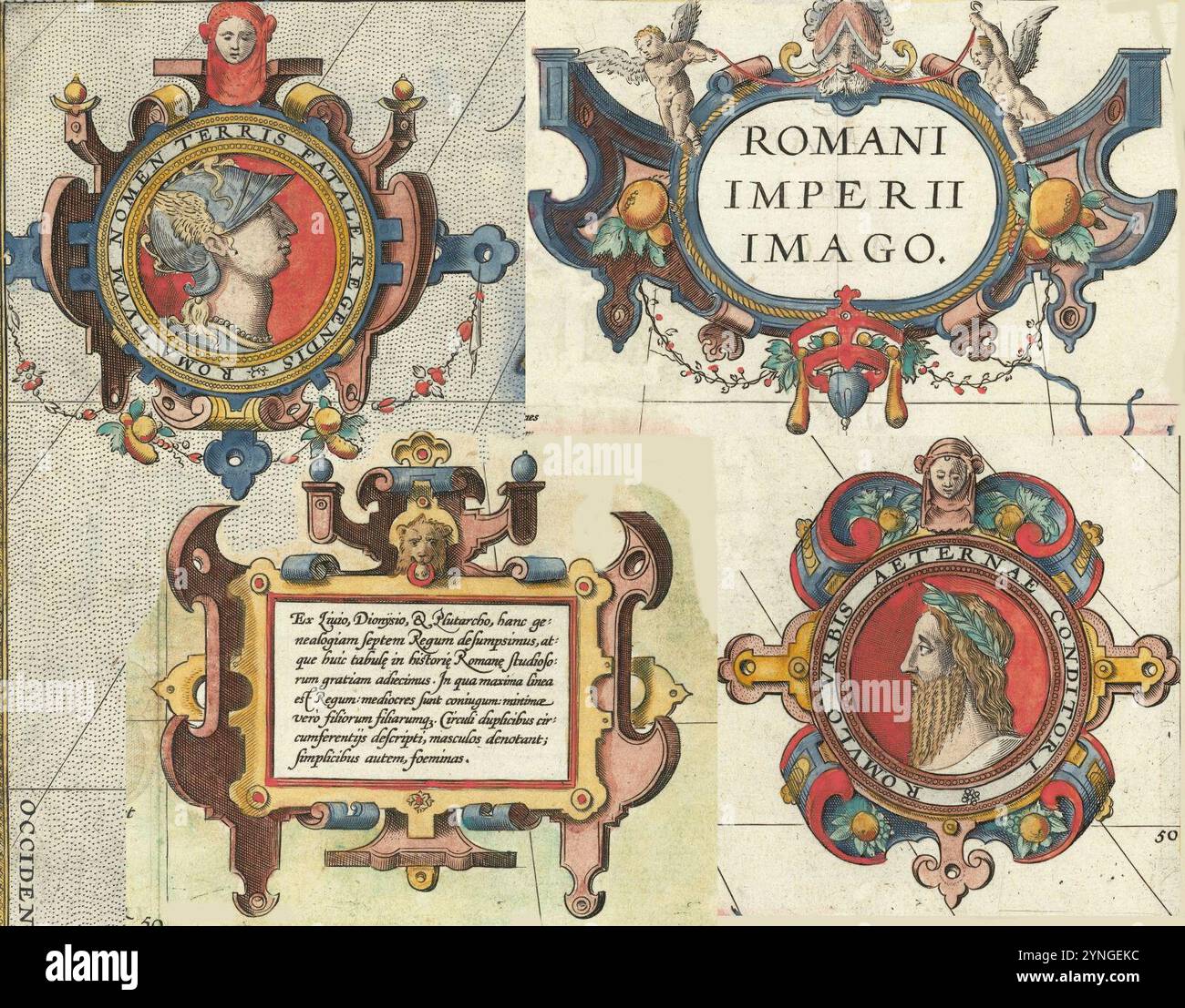 Cartouches in a Roman Empire map by Ortelius Stock Photo - Alamy