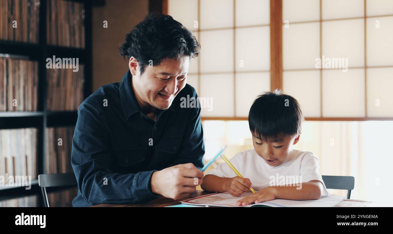 Education, man and child in home for learning, help and school ...