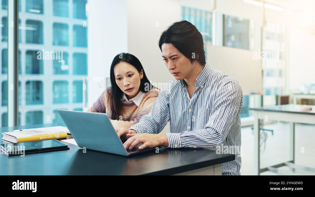 Japanese, business people and laptop with teamwork, collaboration or ...
