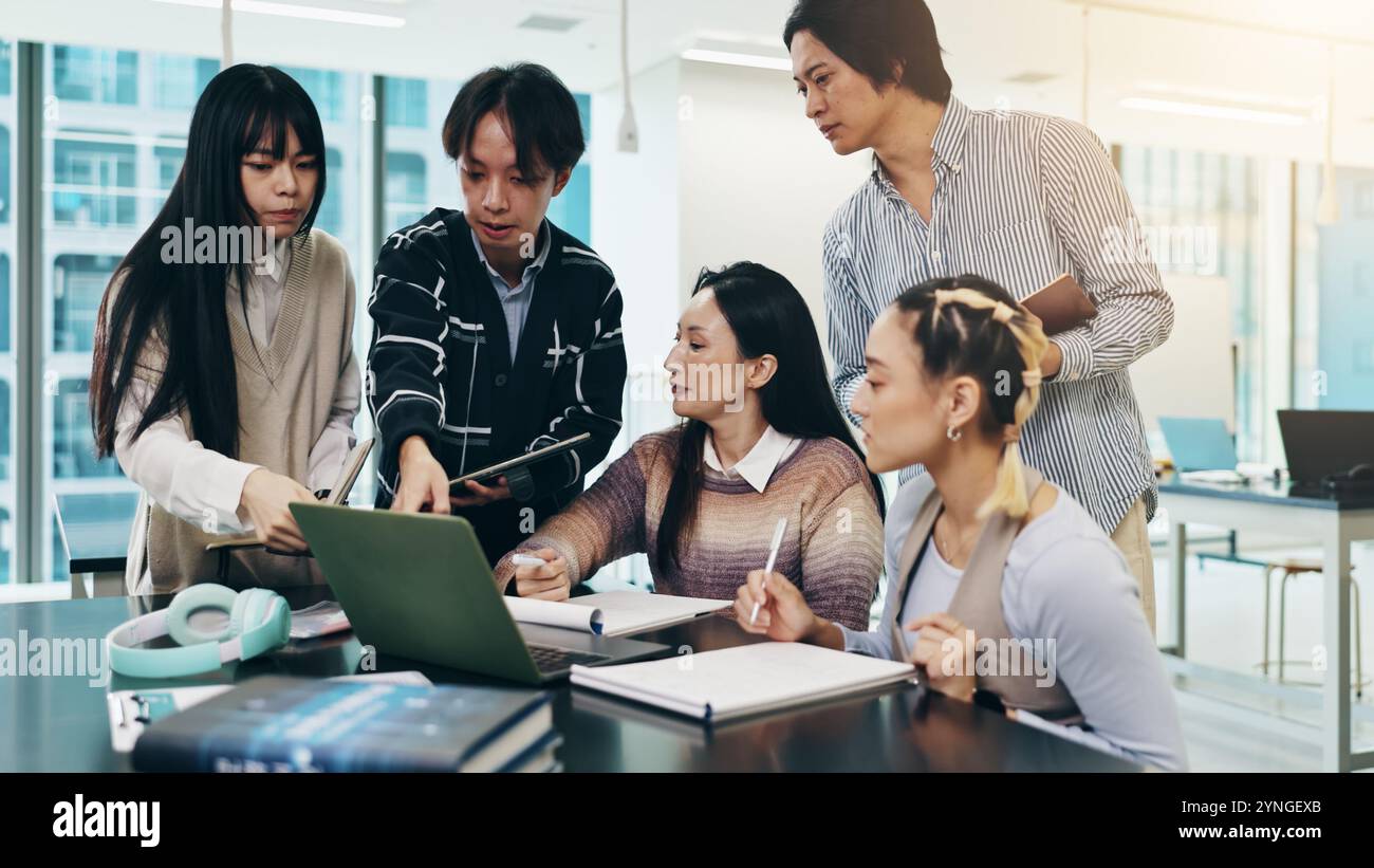 Japanese people, discussion and laptop for business meeting ...