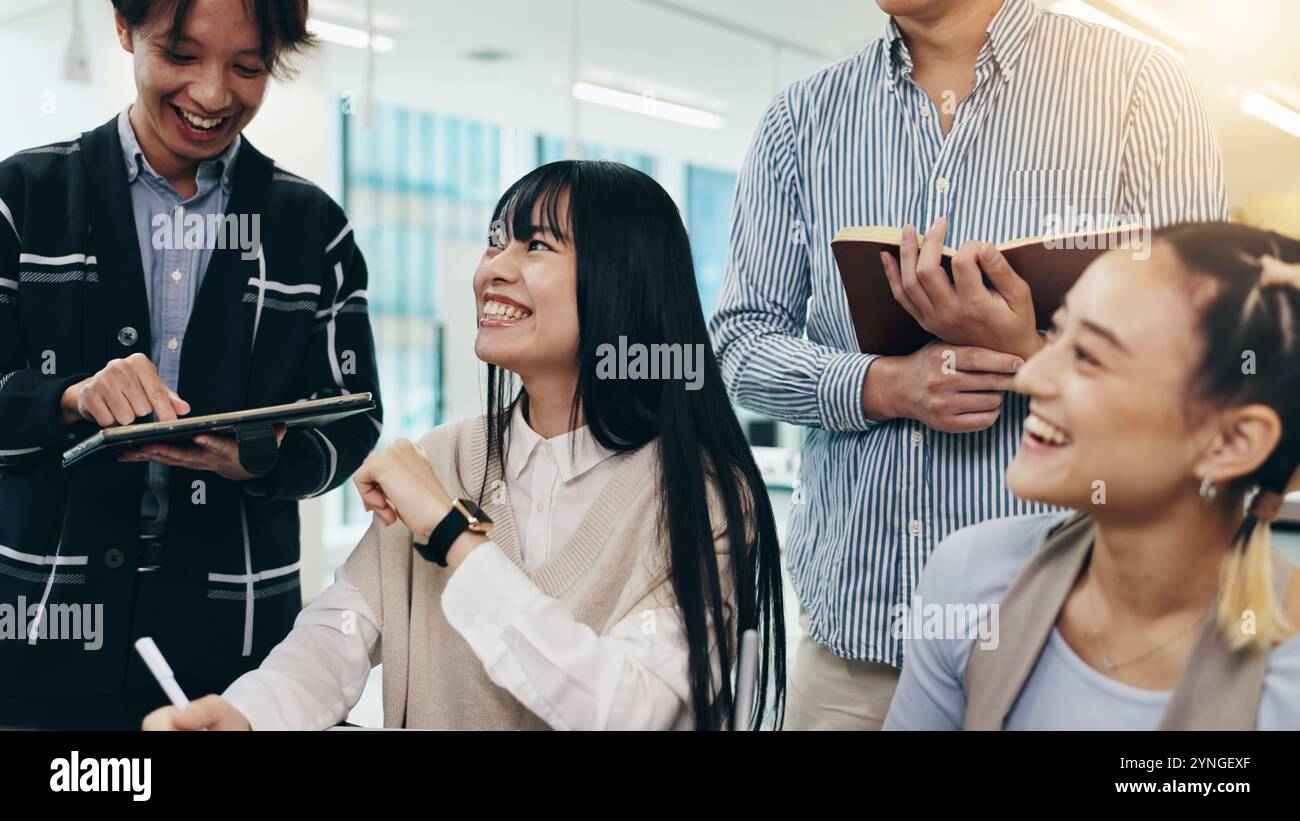 Japanese people, business meeting and happiness with writing notes ...