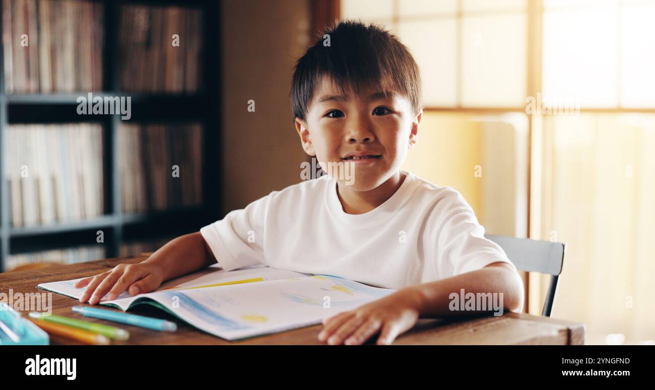 Portrait, Japanese and child with education at house of homework ...
