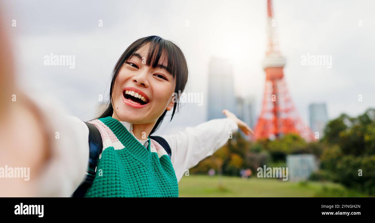 Happy, face and selfie of woman, city and photography for content ...