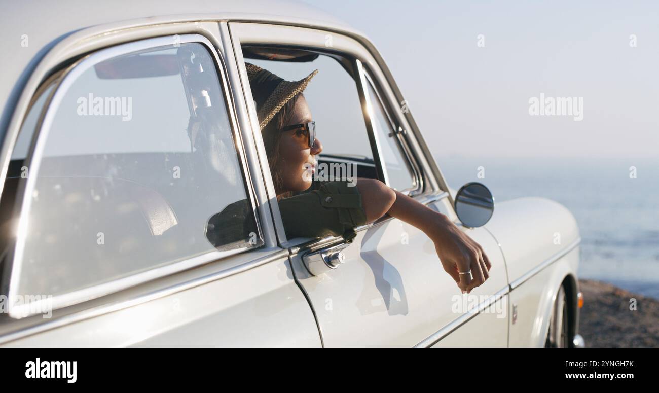 Thinking, road trip and woman in car, tourism and journey for summer ...