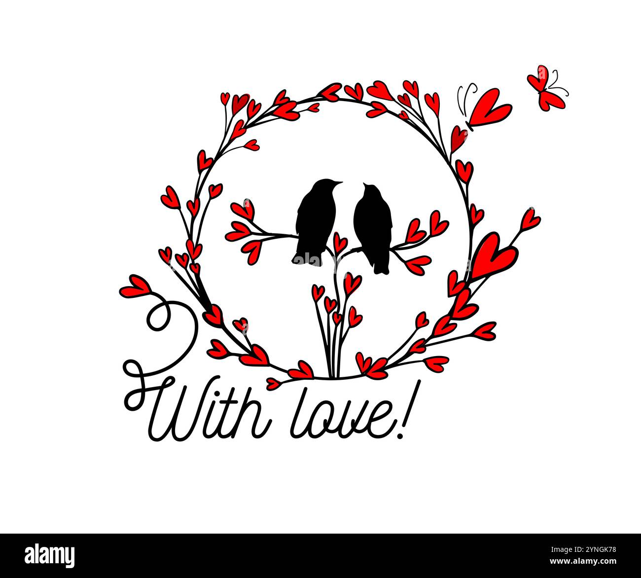 Two birds with hearts. With love. Happy Valentine s Day card. hand ...
