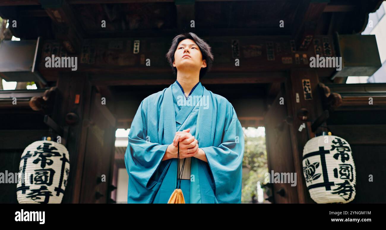 Kimono, culture and low angle with Japanese man at temple for Shinto ...