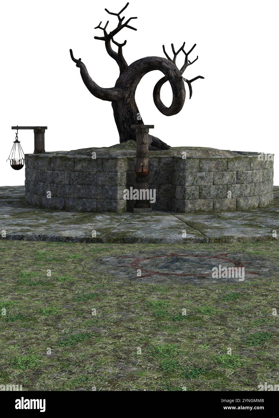 3D spooky Halloween scene with crooked tree on the ancient stone ...