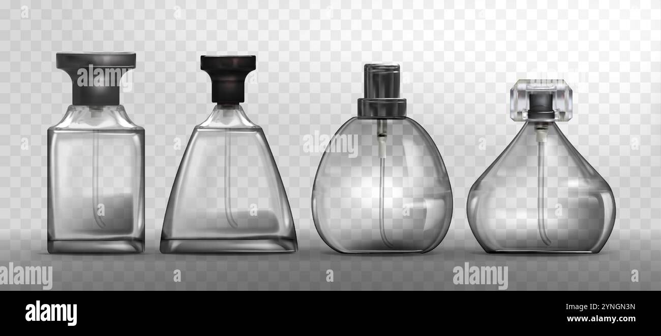 3d glass fragrance bottle transparent empty mockup. Metal spray cap on ...